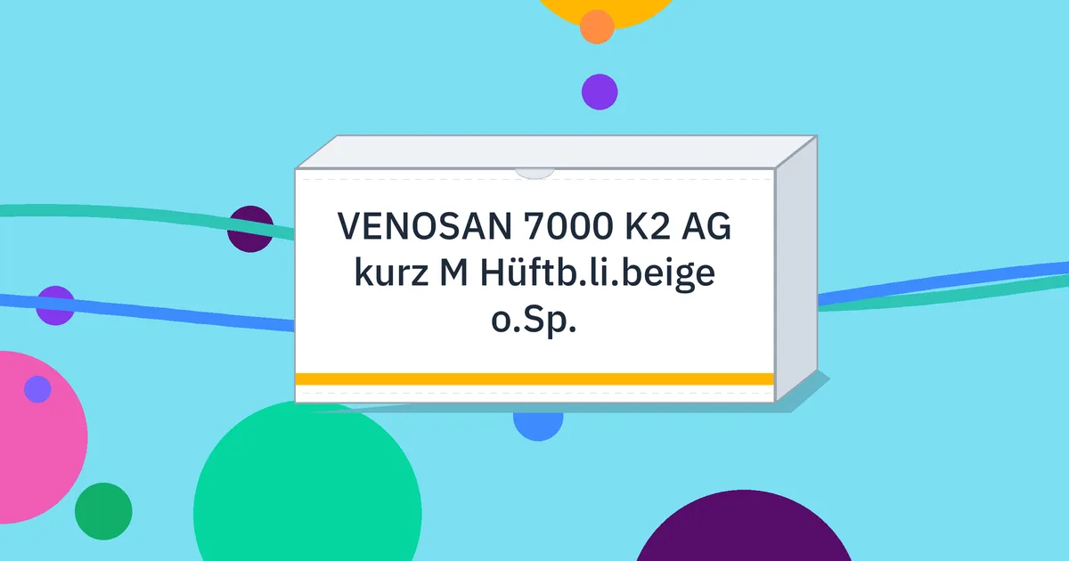 Symbolbild: Packung mit der Aufschrift VENOSAN 7000 K2 AG kurz M Hüftb.li.beige o.Sp. (PZN 14434593) – Verfügbarkeit und Bezug in Apotheken in Frankfurt am Main