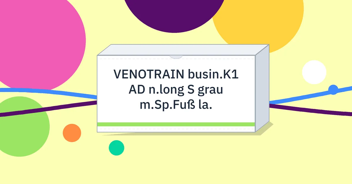 Symbolbild: Packung mit der Aufschrift VENOTRAIN busin.K1 AD n.long S grau m.Sp.Fuß la. (PZN 19056405) – Verfügbarkeit und Bezug in Apotheken in Frankfurt am Main