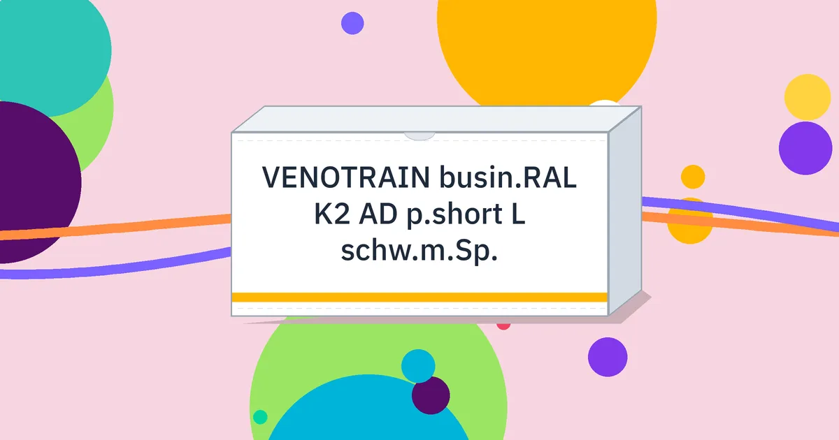 Symbolbild: Packung mit der Aufschrift VENOTRAIN busin.RAL K2 AD p.short L schw.m.Sp. (PZN 06949610) – Verfügbarkeit und Bezug in Apotheken in Frankfurt am Main