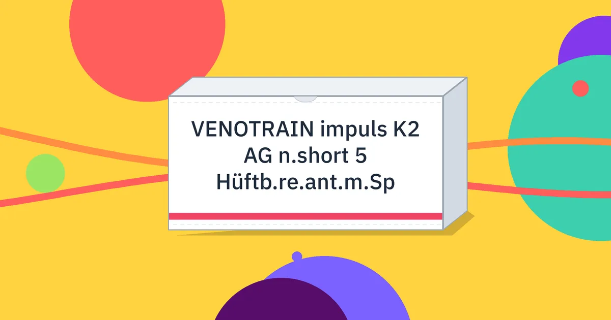 Symbolbild: Packung mit der Aufschrift VENOTRAIN impuls K2 AG n.short 5 Hüftb.re.ant.m.Sp (PZN 15216987) – Verfügbarkeit und Bezug in Apotheken in Frankfurt am Main