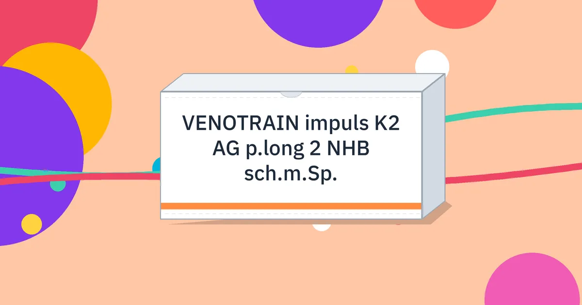 Symbolbild: Packung mit der Aufschrift VENOTRAIN impuls K2 AG p.long 2 NHB sch.m.Sp. (PZN 00517281) – Verfügbarkeit und Bezug in Apotheken in Frankfurt am Main