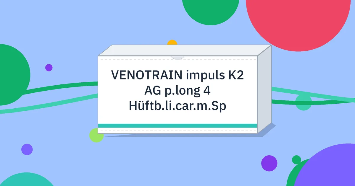 Symbolbild: Packung mit der Aufschrift VENOTRAIN impuls K2 AG p.long 4 Hüftb.li.car.m.Sp (PZN 10294623) – Verfügbarkeit und Bezug in Apotheken in Frankfurt am Main