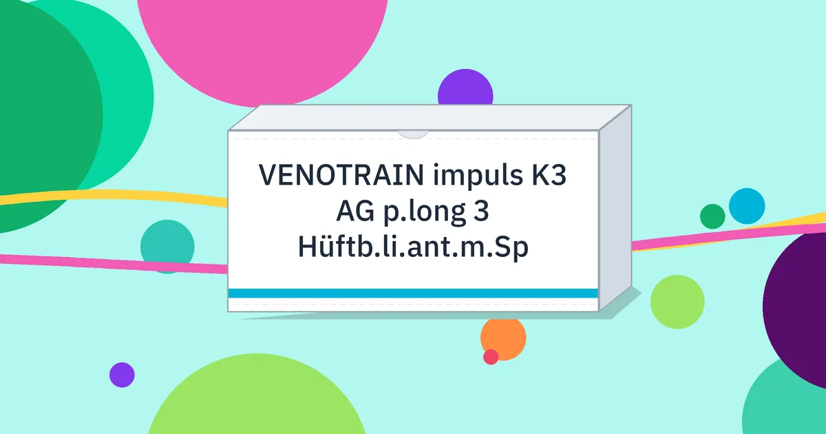 Symbolbild: Packung mit der Aufschrift VENOTRAIN impuls K3 AG p.long 3 Hüftb.li.ant.m.Sp (PZN 15220701) – Verfügbarkeit und Bezug in Apotheken in Frankfurt am Main