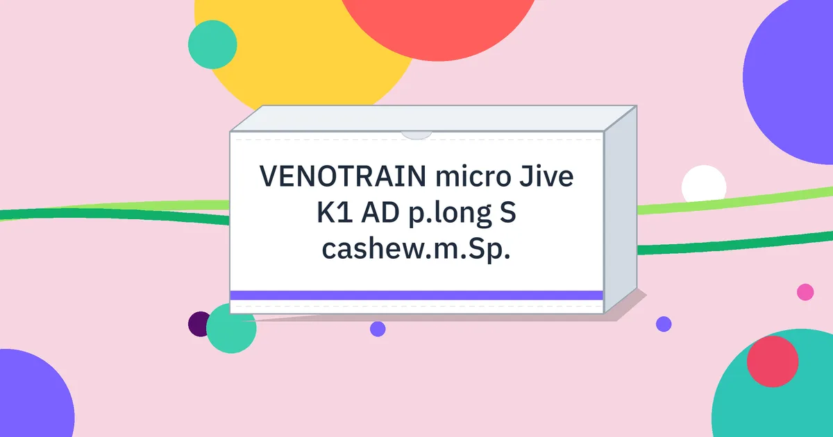 Symbolbild: Packung mit der Aufschrift VENOTRAIN micro Jive K1 AD p.long S cashew.m.Sp. (PZN 20768312) – Verfügbarkeit und Bezug in Apotheken in Frankfurt am Main
