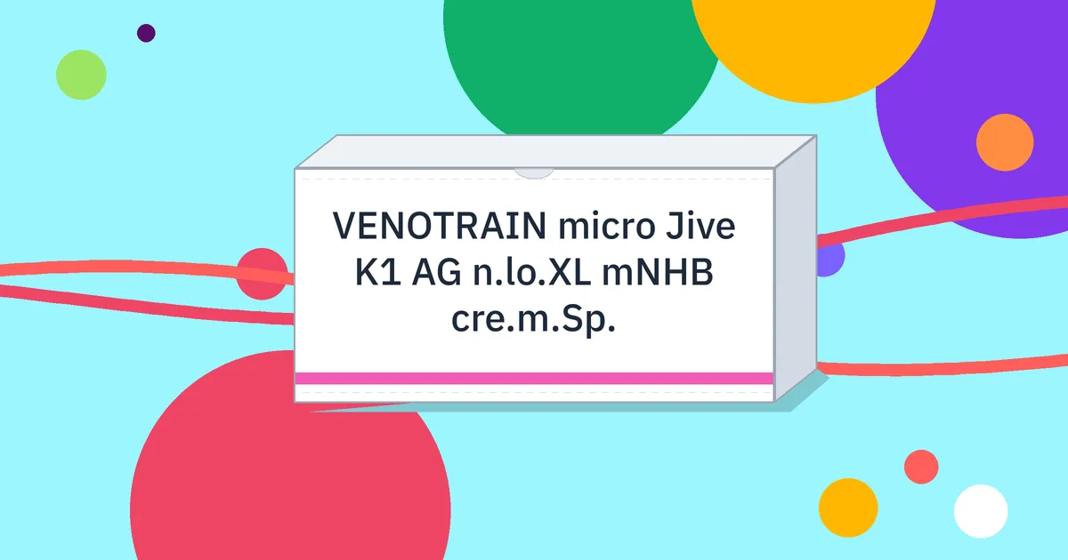 Symbolbild: Packung mit der Aufschrift VENOTRAIN micro Jive K1 AG n.lo.XL mNHB cre.m.Sp. (PZN 17757902) – Verfügbarkeit und Bezug in Apotheken in Frankfurt am Main