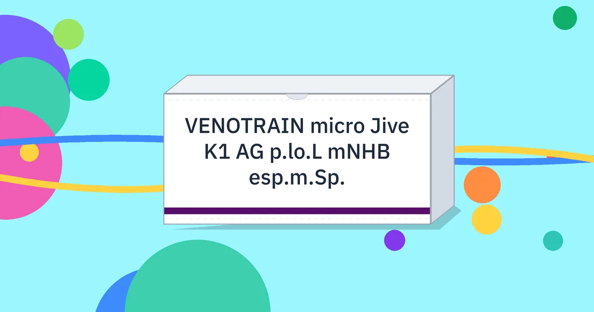 Symbolbild: Packung mit der Aufschrift VENOTRAIN micro Jive K1 AG p.lo.L mNHB esp.m.Sp. (PZN 17760353) – Verfügbarkeit und Bezug in Apotheken in Frankfurt am Main