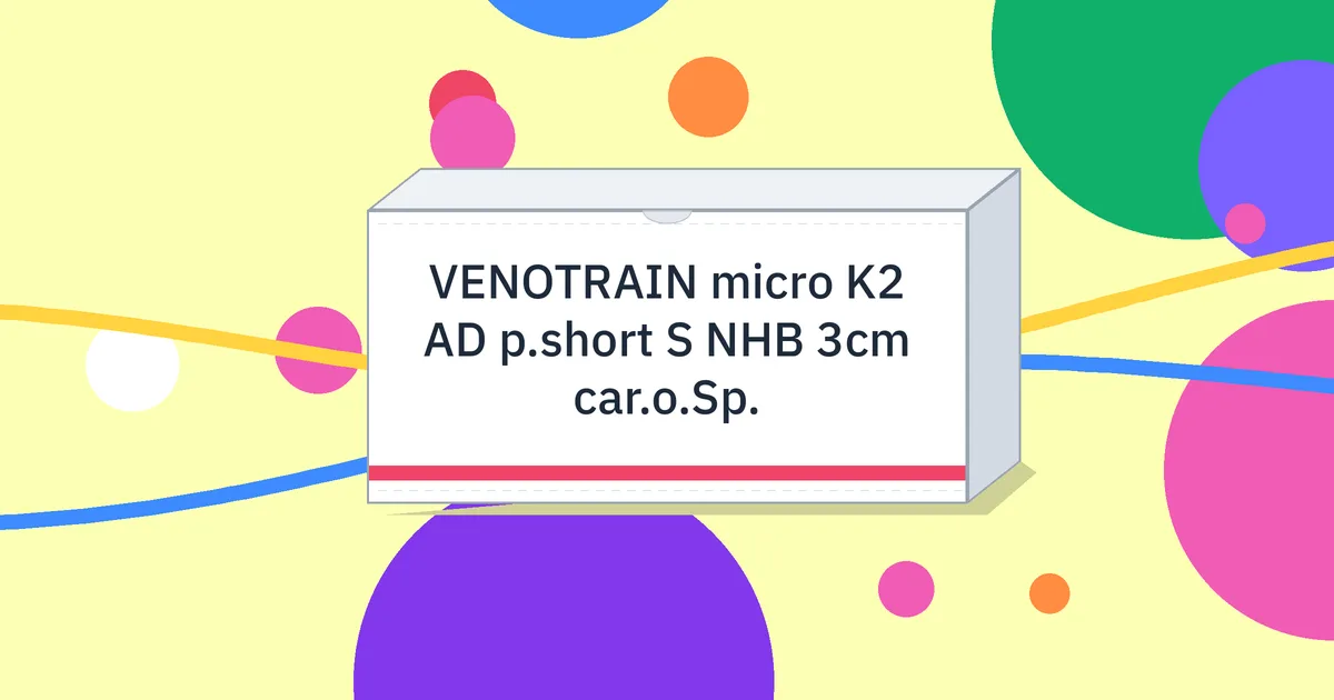 Symbolbild: Packung mit der Aufschrift VENOTRAIN micro K2 AD p.short S NHB 3cm car.o.Sp. (PZN 05718452) – Verfügbarkeit und Bezug in Apotheken in Frankfurt am Main