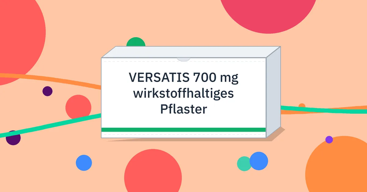 Symbolbild: Packung mit der Aufschrift VERSATIS 700 mg wirkstoffhaltiges Pflaster (PZN 15396009) – Verfügbarkeit und Bezug in Apotheken in Frankfurt am Main