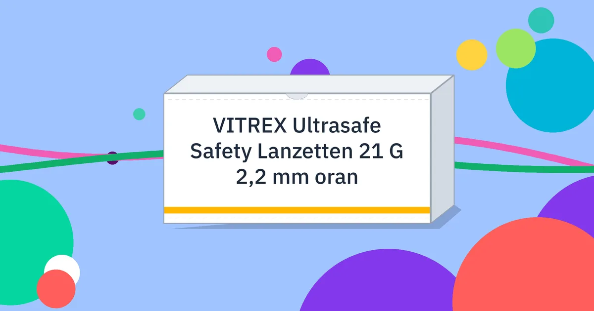 Symbolbild: Packung mit der Aufschrift VITREX Ultrasafe Safety Lanzetten 21 G 2,2 mm oran (PZN 20130118) – Verfügbarkeit und Bezug in Apotheken in Frankfurt am Main