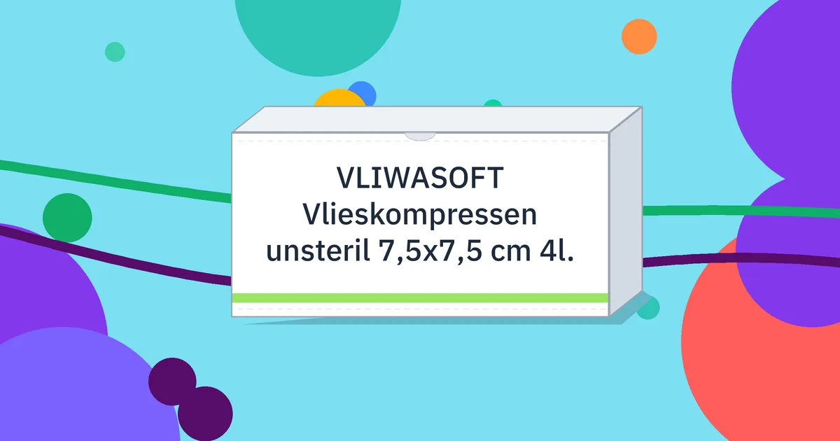 Symbolbild: Packung mit der Aufschrift VLIWASOFT Vlieskompressen unsteril 7,5x7,5 cm 4l. (PZN 17554518) – Verfügbarkeit und Bezug in Apotheken in Frankfurt am Main