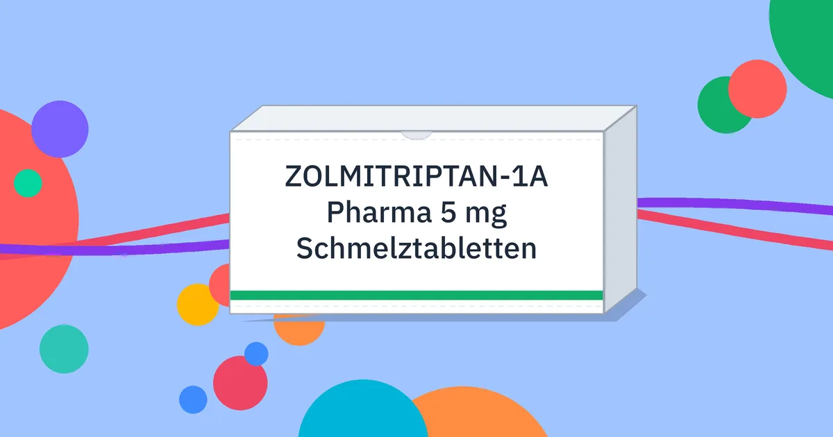 Symbolbild: Packung mit der Aufschrift ZOLMITRIPTAN-1A Pharma 5 mg Schmelztabletten (PZN 09427450) – Verfügbarkeit und Bezug in Apotheken in Frankfurt am Main