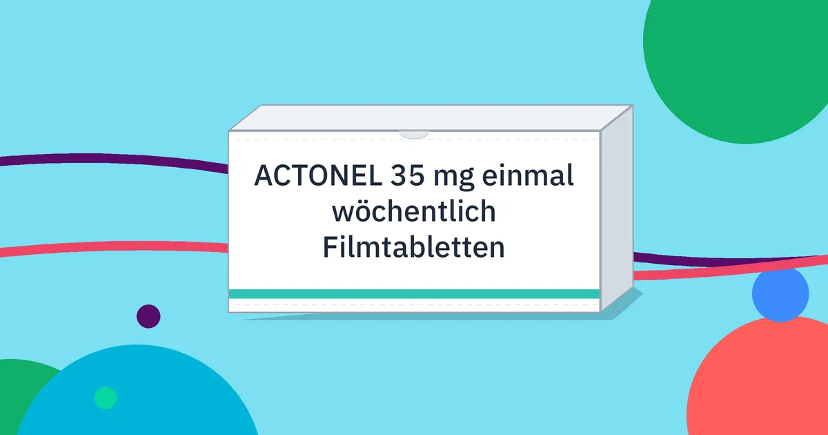 Symbolbild: Packung mit der Aufschrift ACTONEL 35 mg einmal wöchentlich Filmtabletten (PZN 02649584) – Verfügbarkeit und Bezug in Apotheken in Frankfurt am Main