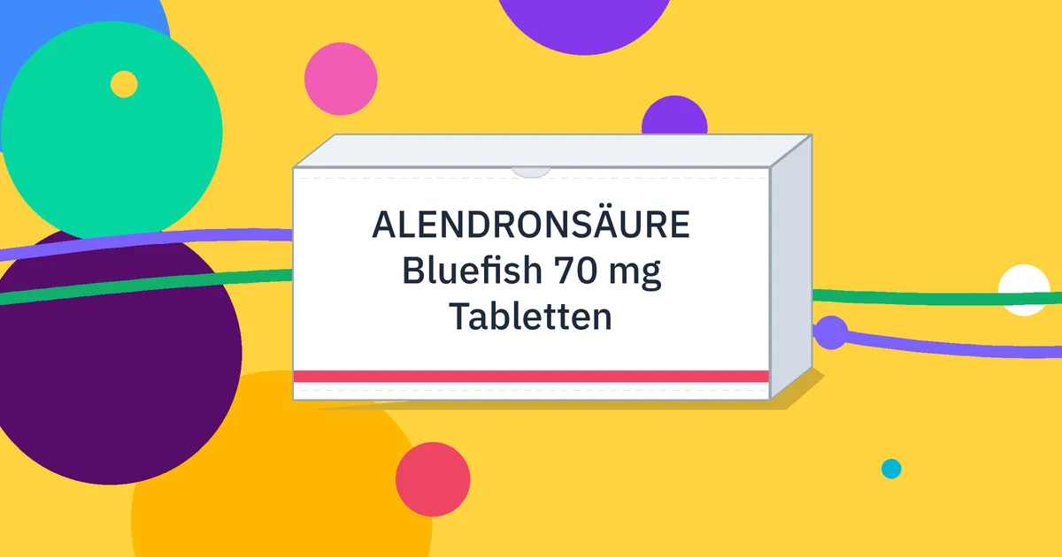 Symbolbild: Packung mit der Aufschrift ALENDRONSÄURE Bluefish 70 mg Tabletten (PZN 03516916) – Verfügbarkeit und Bezug in Apotheken in Frankfurt am Main