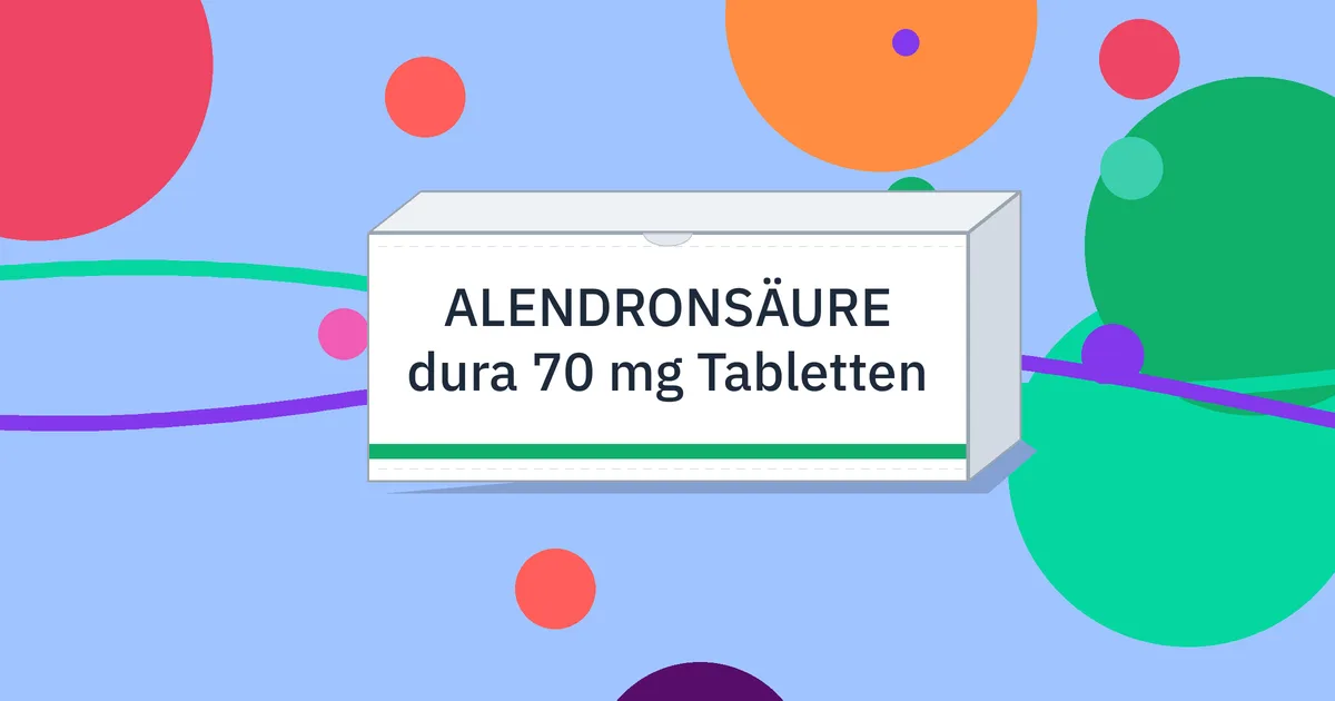 Symbolbild: Packung mit der Aufschrift ALENDRONSÄURE dura 70 mg Tabletten (PZN 00735345) – Verfügbarkeit und Bezug in Apotheken in Frankfurt am Main