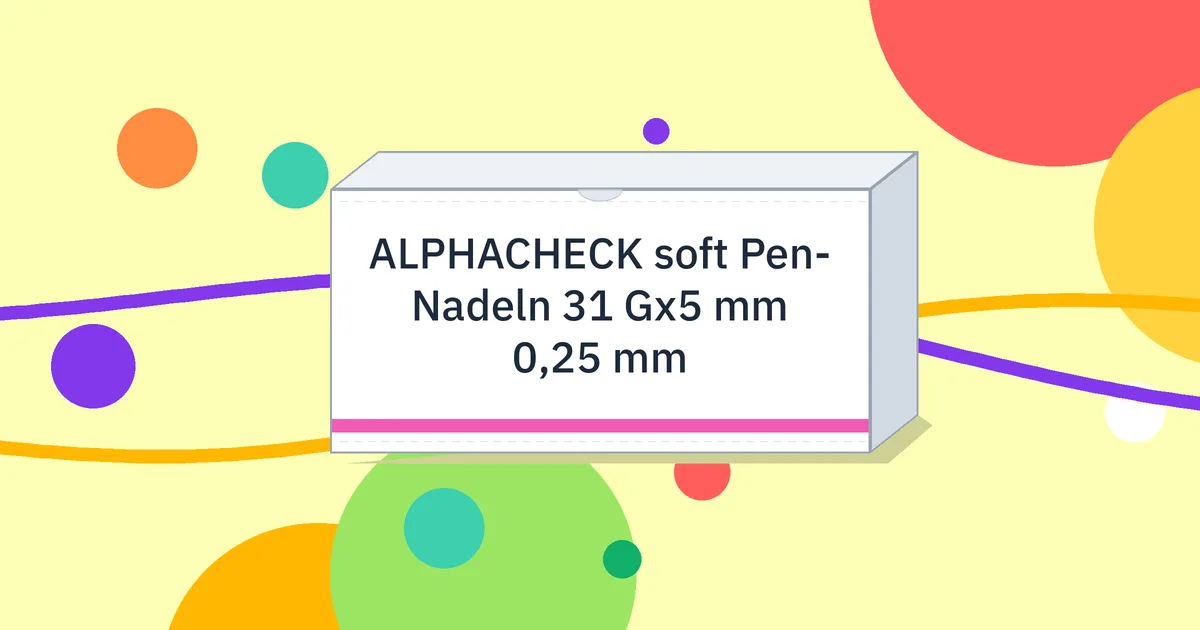 Symbolbild: Packung mit der Aufschrift ALPHACHECK soft Pen-Nadeln 31 Gx5 mm 0,25 mm (PZN 16392338) – Verfügbarkeit und Bezug in Apotheken in Frankfurt am Main