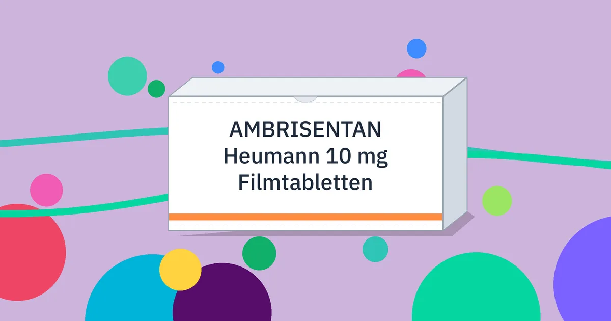 Symbolbild: Packung mit der Aufschrift AMBRISENTAN Heumann 10 mg Filmtabletten (PZN 19727414) – Verfügbarkeit und Bezug in Apotheken in Frankfurt am Main