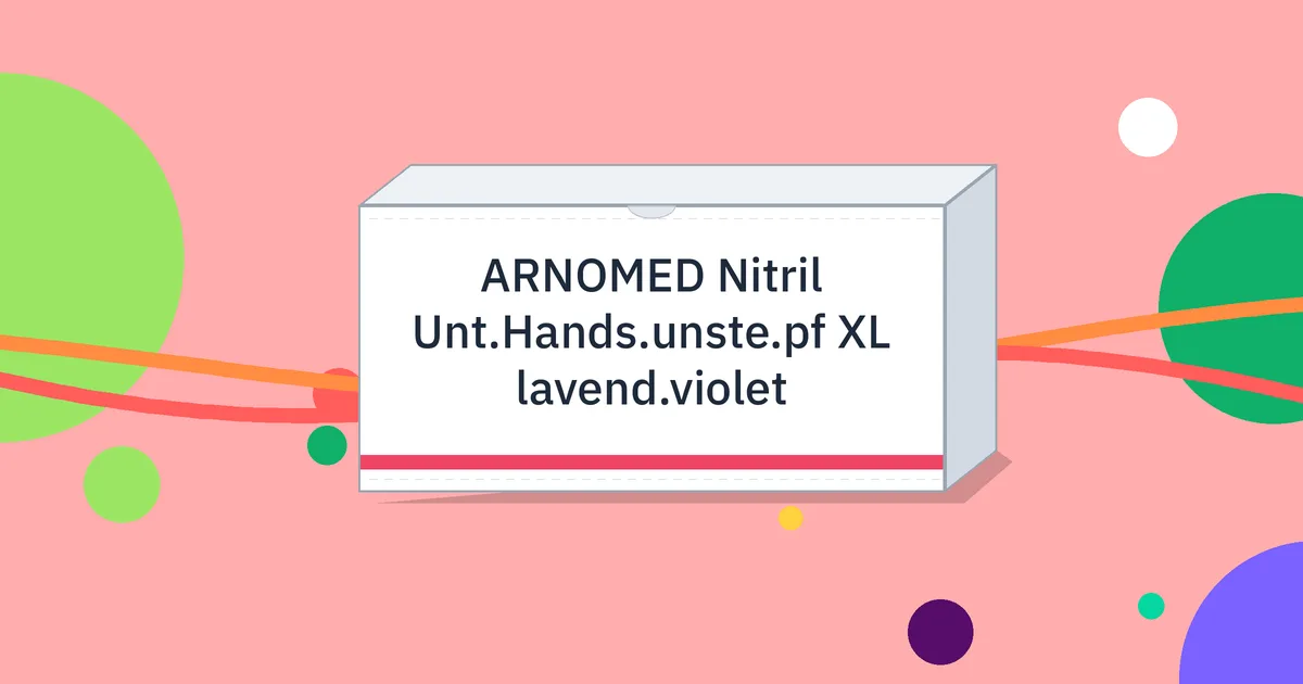 Symbolbild: Packung mit der Aufschrift ARNOMED Nitril Unt.Hands.unste.pf XL lavend.violet (PZN 18136763) – Verfügbarkeit und Bezug in Apotheken in Frankfurt am Main