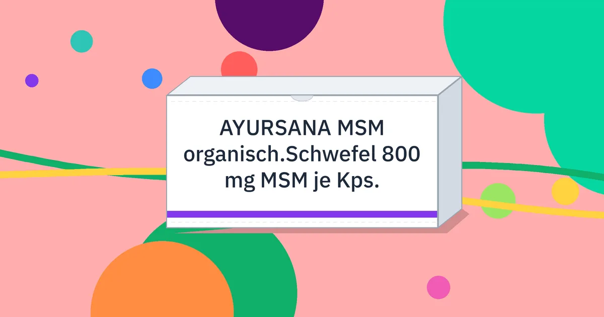 Symbolbild: Packung mit der Aufschrift AYURSANA MSM organisch.Schwefel 800 mg MSM je Kps. (PZN 16731533) – Verfügbarkeit und Bezug in Apotheken in Frankfurt am Main