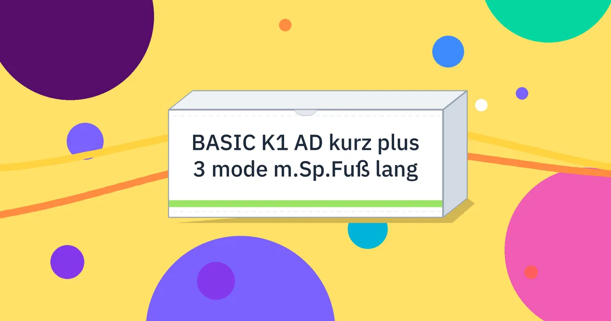 Symbolbild: Packung mit der Aufschrift BASIC K1 AD kurz plus 3 mode m.Sp.Fuß lang (PZN 20258143) – Verfügbarkeit und Bezug in Apotheken in Frankfurt am Main