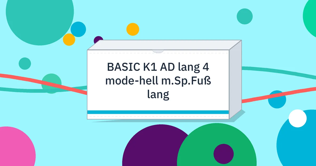 Symbolbild: Packung mit der Aufschrift BASIC K1 AD lang 4 mode-hell m.Sp.Fuß lang (PZN 20258321) – Verfügbarkeit und Bezug in Apotheken in Frankfurt am Main
