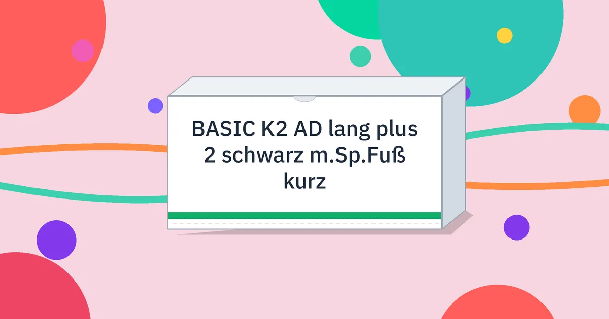 Symbolbild: Packung mit der Aufschrift BASIC K2 AD lang plus 2 schwarz m.Sp.Fuß kurz (PZN 20263902) – Verfügbarkeit und Bezug in Apotheken in Frankfurt am Main