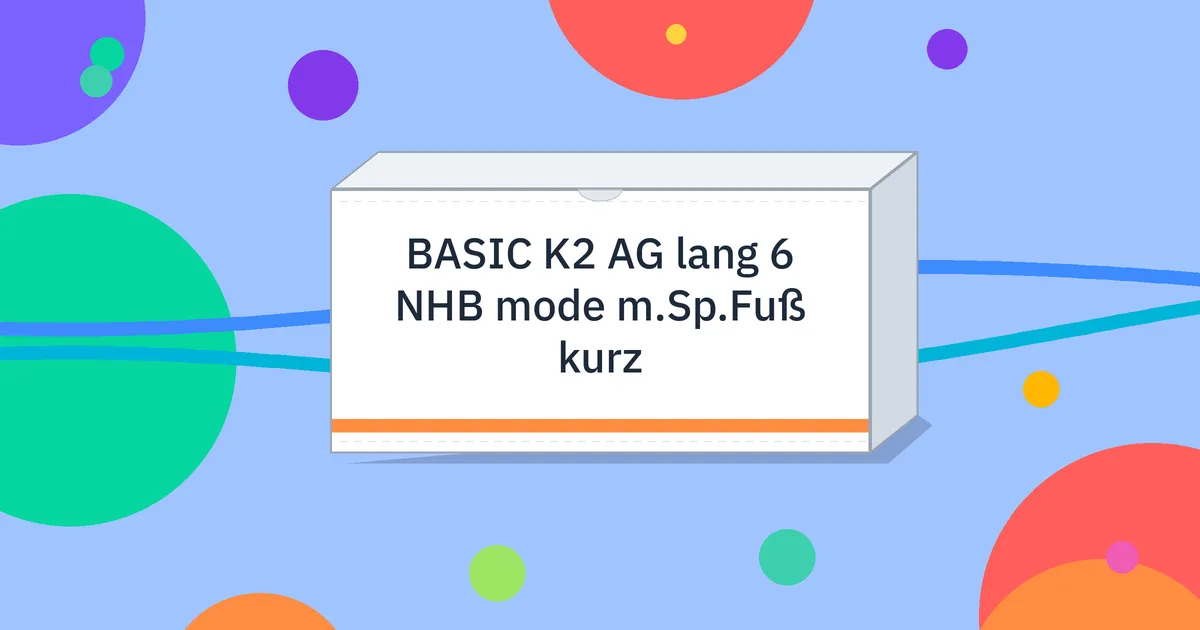 Symbolbild: Packung mit der Aufschrift BASIC K2 AG lang 6 NHB mode m.Sp.Fuß kurz (PZN 20268549) – Verfügbarkeit und Bezug in Apotheken in Frankfurt am Main