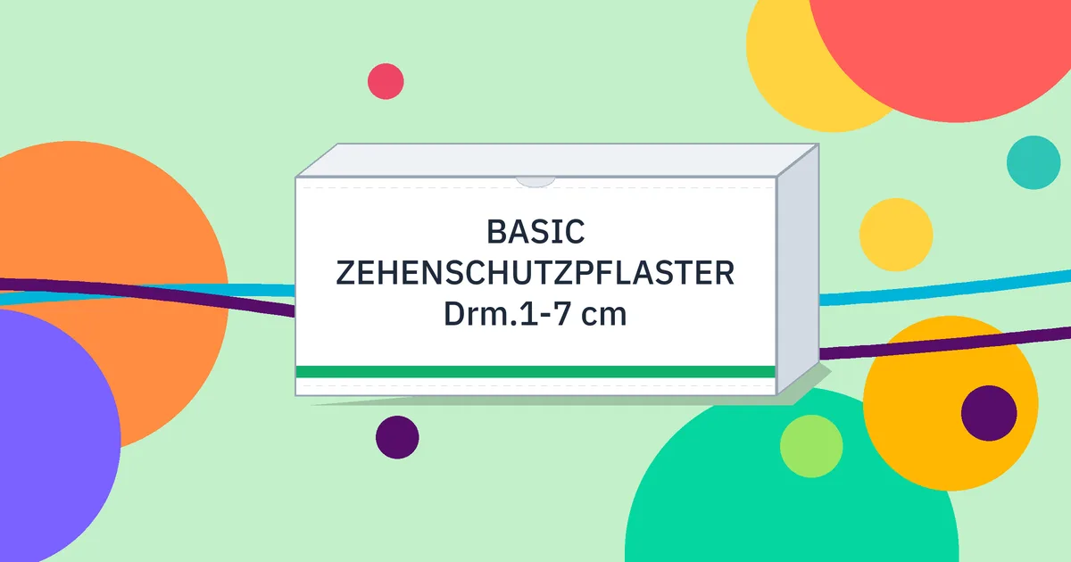 Symbolbild: Packung mit der Aufschrift BASIC ZEHENSCHUTZPFLASTER Drm.1-7 cm (PZN 15380511) – Verfügbarkeit und Bezug in Apotheken in Frankfurt am Main
