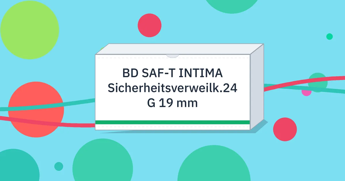 Symbolbild: Packung mit der Aufschrift BD SAF-T INTIMA Sicherheitsverweilk.24 G 19 mm (PZN 10054669) – Verfügbarkeit und Bezug in Apotheken in Frankfurt am Main