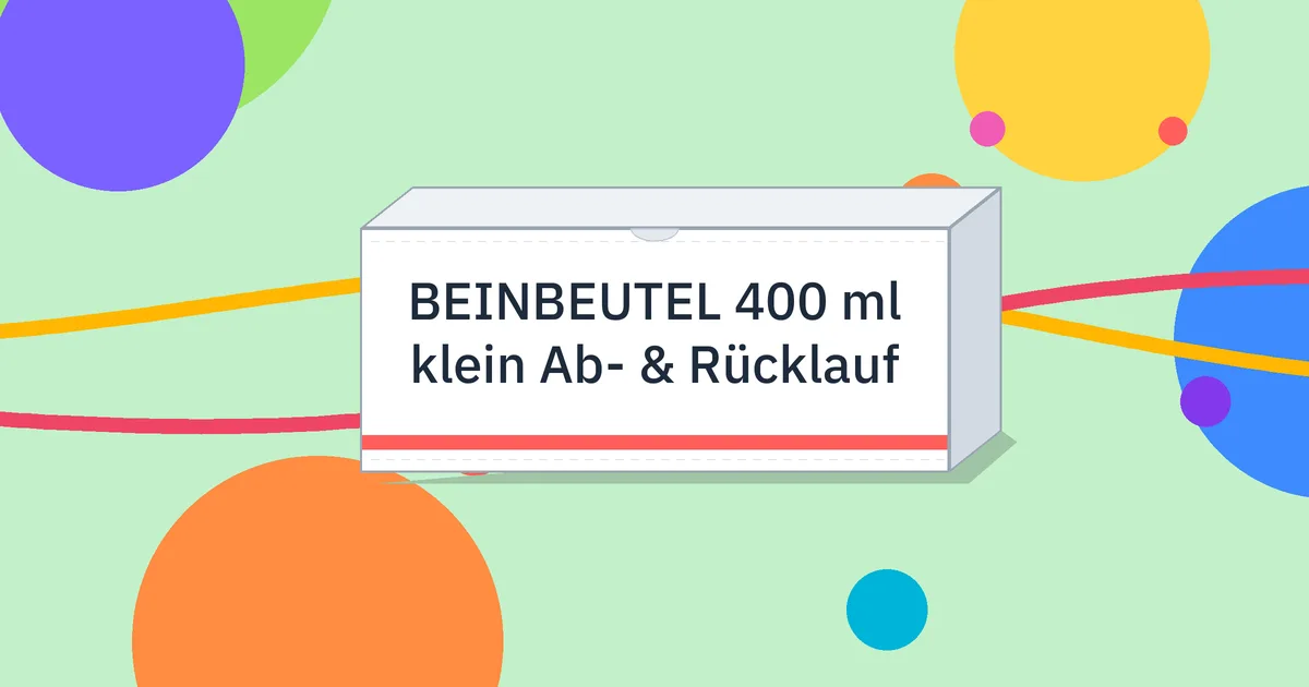 Symbolbild: Packung mit der Aufschrift BEINBEUTEL 400 ml klein Ab- & Rücklauf (PZN 12434287) – Verfügbarkeit und Bezug in Apotheken in Frankfurt am Main