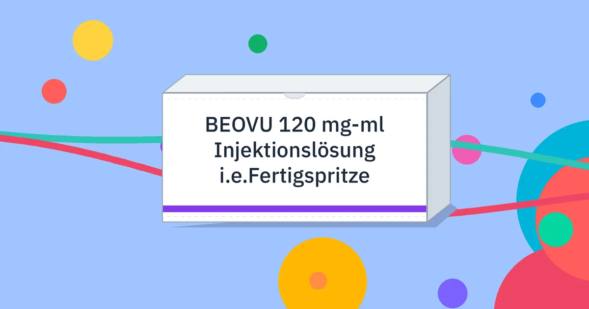 Symbolbild: Packung mit der Aufschrift BEOVU 120 mg-ml Injektionslösung i.e.Fertigspritze (PZN 20825889) – Verfügbarkeit und Bezug in Apotheken in Frankfurt am Main