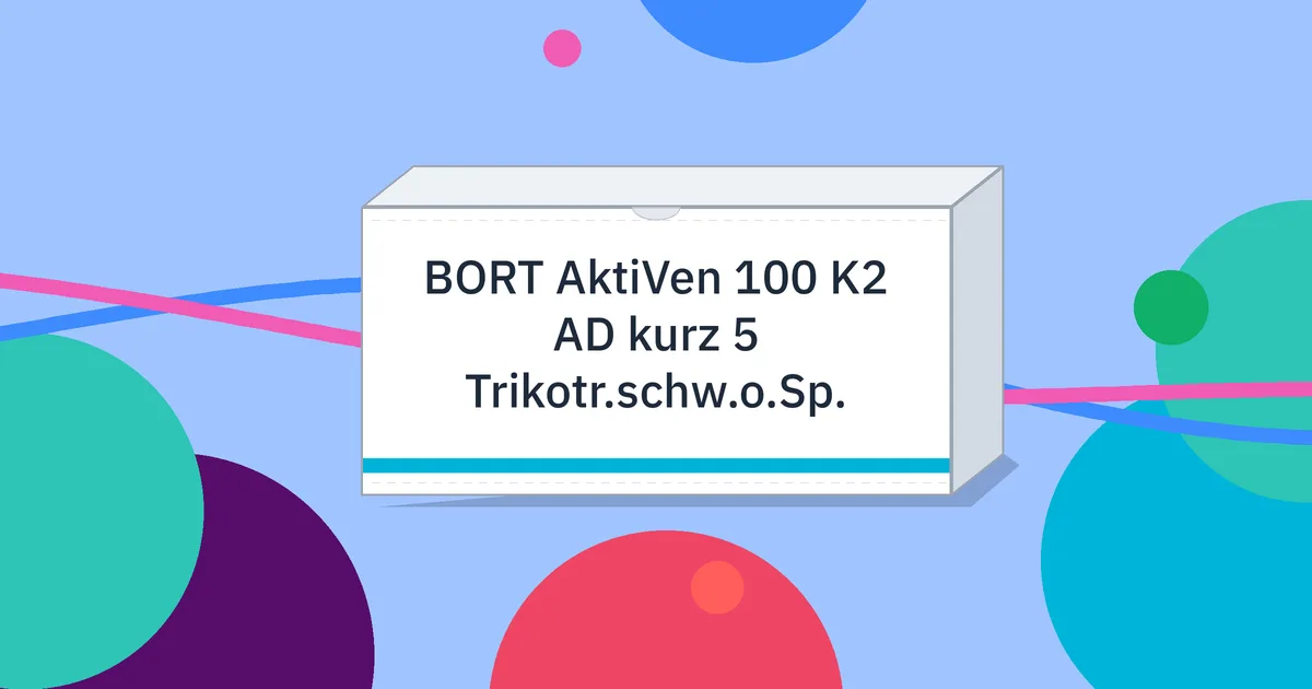 Symbolbild: Packung mit der Aufschrift BORT AktiVen 100 K2 AD kurz 5 Trikotr.schw.o.Sp. (PZN 14386641) – Verfügbarkeit und Bezug in Apotheken in Frankfurt am Main