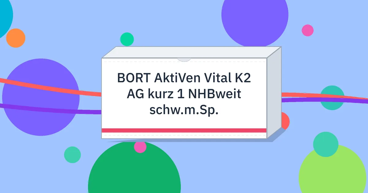 Symbolbild: Packung mit der Aufschrift BORT AktiVen Vital K2 AG kurz 1 NHBweit schw.m.Sp. (PZN 12385212) – Verfügbarkeit und Bezug in Apotheken in Frankfurt am Main