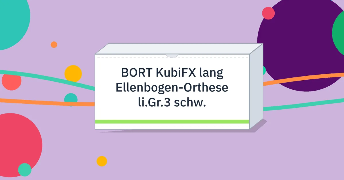 Symbolbild: Packung mit der Aufschrift BORT KubiFX lang Ellenbogen-Orthese li.Gr.3 schw. (PZN 04195756) – Verfügbarkeit und Bezug in Apotheken in Frankfurt am Main