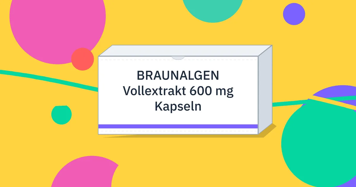 Symbolbild: Packung mit der Aufschrift BRAUNALGEN Vollextrakt 600 mg Kapseln (PZN 11008737) – Verfügbarkeit und Bezug in Apotheken in Frankfurt am Main