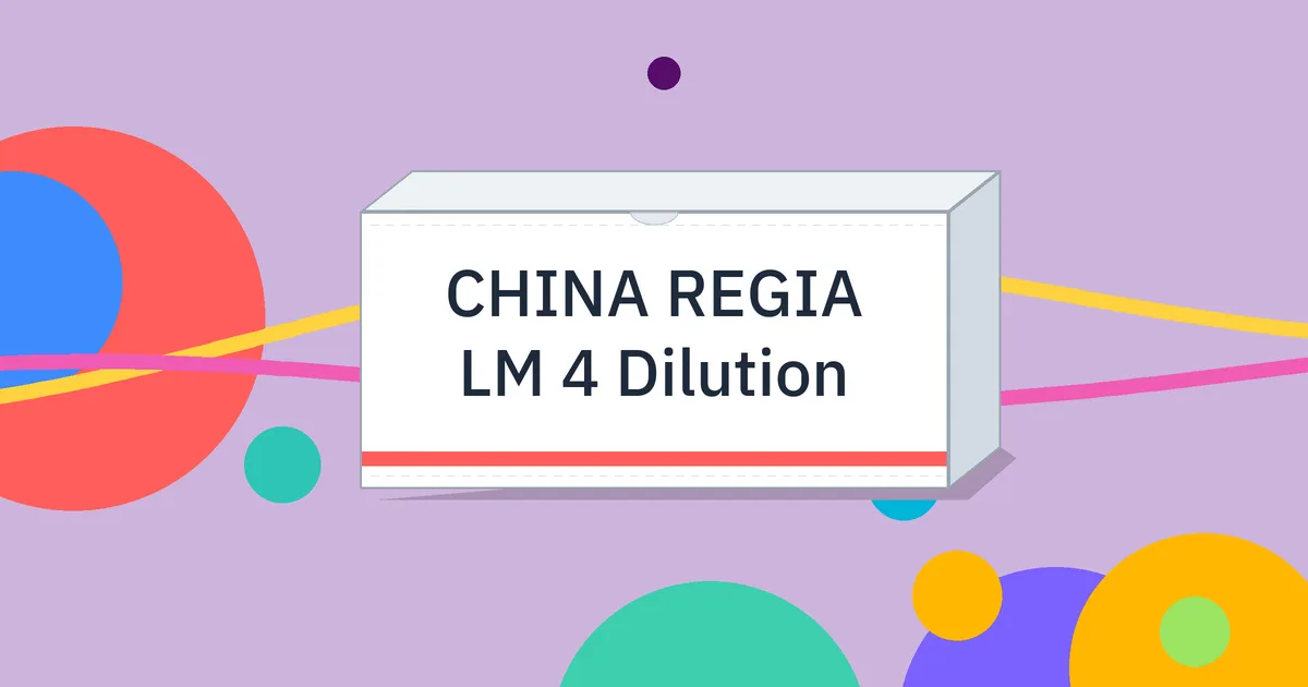 Symbolbild: Packung mit der Aufschrift CHINA REGIA LM 4 Dilution (PZN 12814162) – Verfügbarkeit und Bezug in Apotheken in Frankfurt am Main
