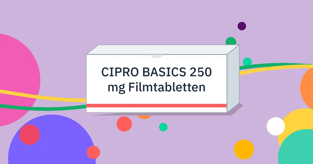 Symbolbild: Packung mit der Aufschrift CIPRO BASICS 250 mg Filmtabletten (PZN 02709091) – Verfügbarkeit und Bezug in Apotheken in Frankfurt am Main