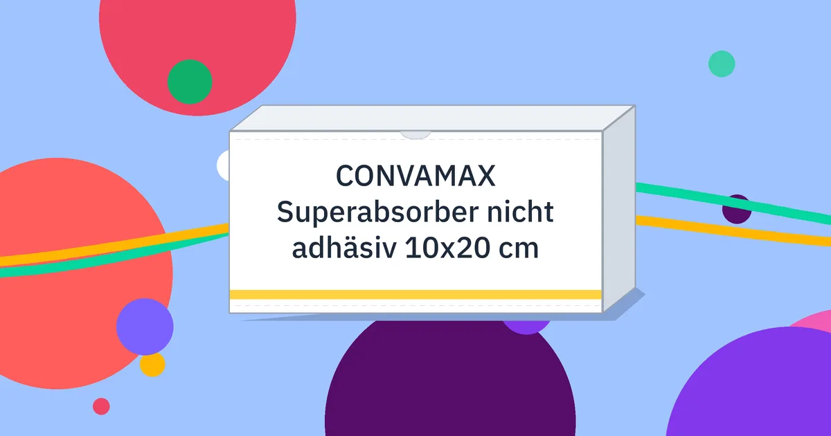 Symbolbild: Packung mit der Aufschrift CONVAMAX Superabsorber nicht adhäsiv 10x20 cm (PZN 20062061) – Verfügbarkeit und Bezug in Apotheken in Frankfurt am Main