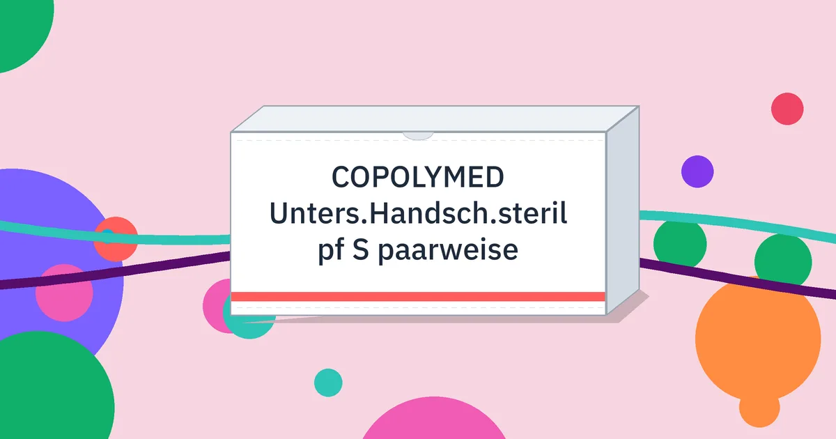 Symbolbild: Packung mit der Aufschrift COPOLYMED Unters.Handsch.steril pf S paarweise (PZN 11362864) – Verfügbarkeit und Bezug in Apotheken in Frankfurt am Main