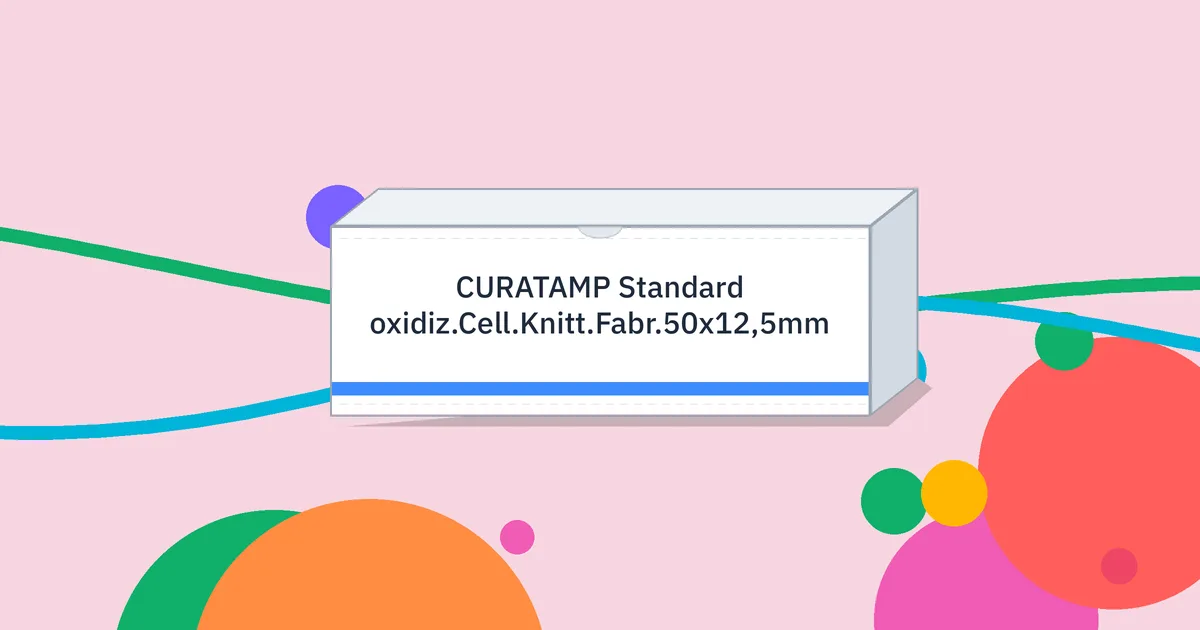 Symbolbild: Packung mit der Aufschrift CURATAMP Standard oxidiz.Cell.Knitt.Fabr.50x12,5mm (PZN 16211041) – Verfügbarkeit und Bezug in Apotheken in Frankfurt am Main
