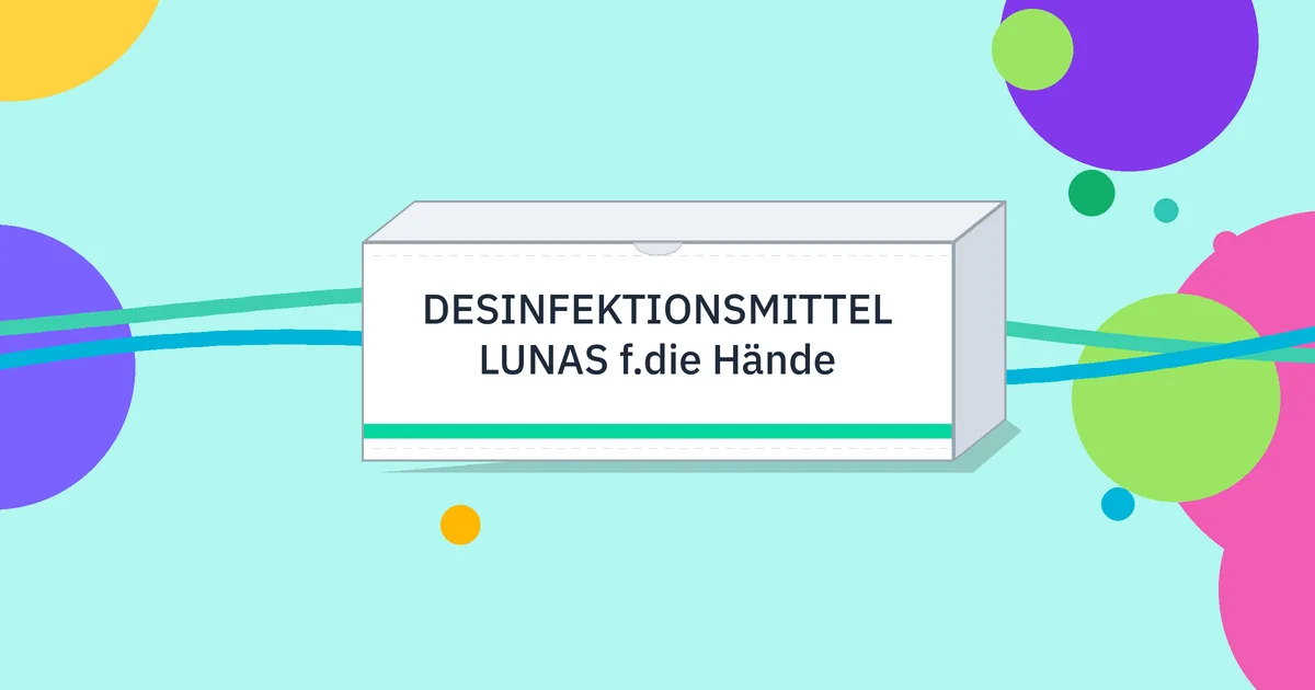 Symbolbild: Packung mit der Aufschrift DESINFEKTIONSMITTEL LUNAS f.die Hände (PZN 16740236) – Verfügbarkeit und Bezug in Apotheken in Frankfurt am Main