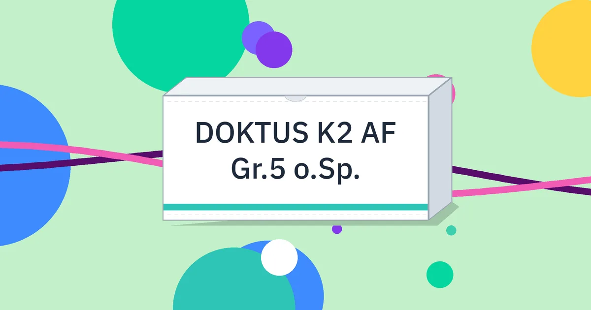 Symbolbild: Packung mit der Aufschrift DOKTUS K2 AF Gr.5 o.Sp. (PZN 03309100) – Verfügbarkeit und Bezug in Apotheken in Frankfurt am Main
