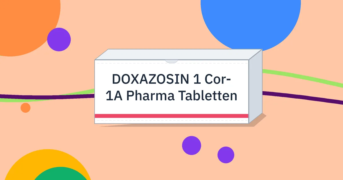Symbolbild: Packung mit der Aufschrift DOXAZOSIN 1 Cor-1A Pharma Tabletten (PZN 02208615) – Verfügbarkeit und Bezug in Apotheken in Frankfurt am Main