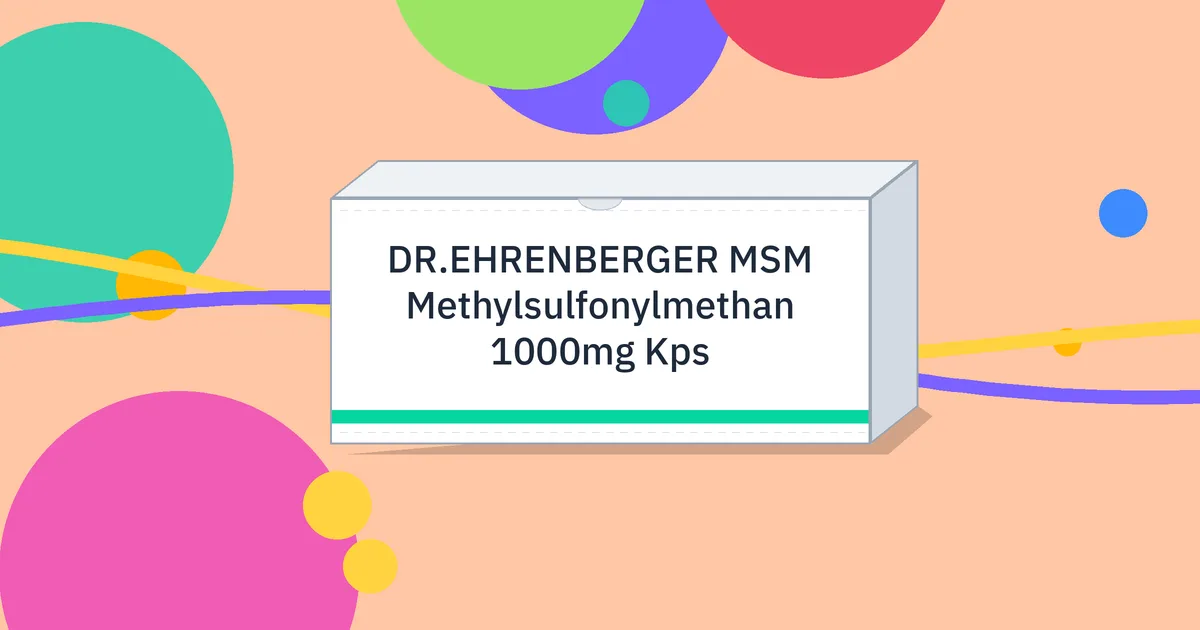 Symbolbild: Packung mit der Aufschrift DR.EHRENBERGER MSM Methylsulfonylmethan 1000mg Kps (PZN 15233508) – Verfügbarkeit und Bezug in Apotheken in Frankfurt am Main