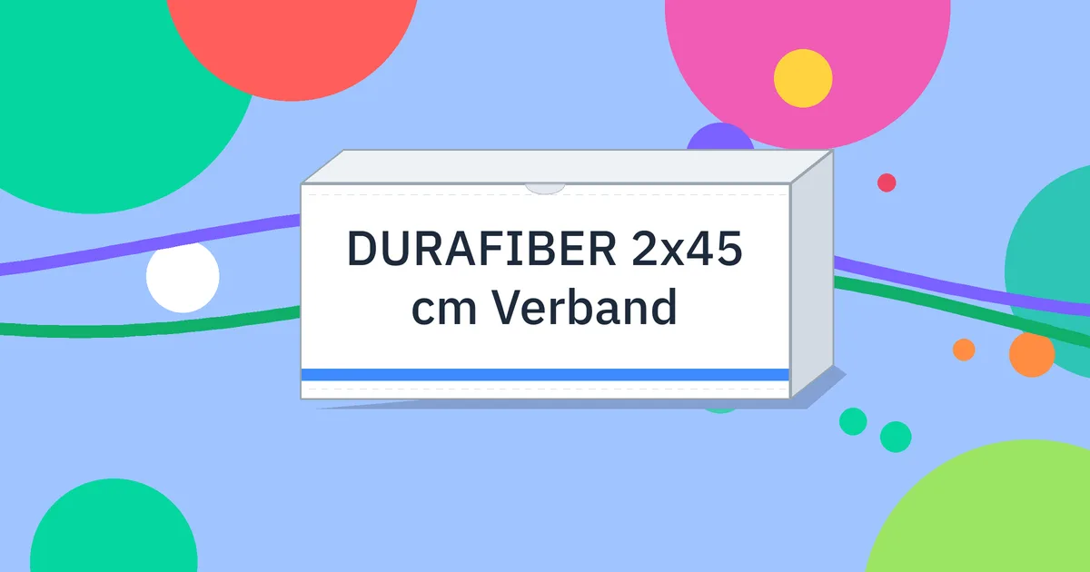 Symbolbild: Packung mit der Aufschrift DURAFIBER 2x45 cm Verband (PZN 00976362) – Verfügbarkeit und Bezug in Apotheken in Frankfurt am Main