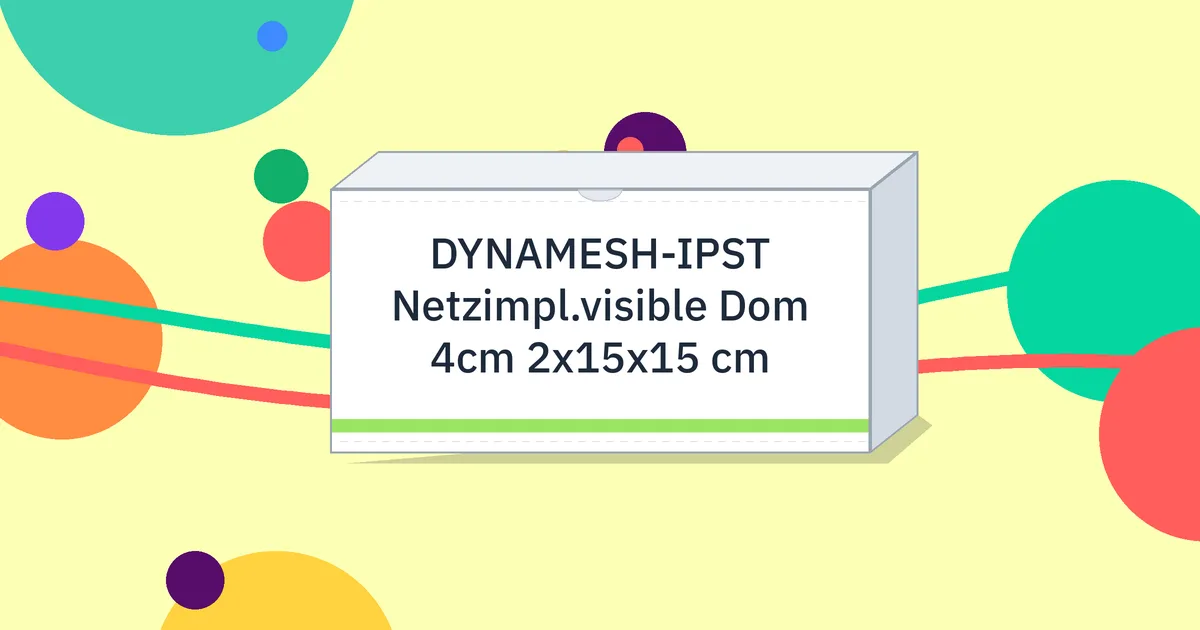 Symbolbild: Packung mit der Aufschrift DYNAMESH-IPST Netzimpl.visible Dom 4cm 2x15x15 cm (PZN 19389348) – Verfügbarkeit und Bezug in Apotheken in Frankfurt am Main