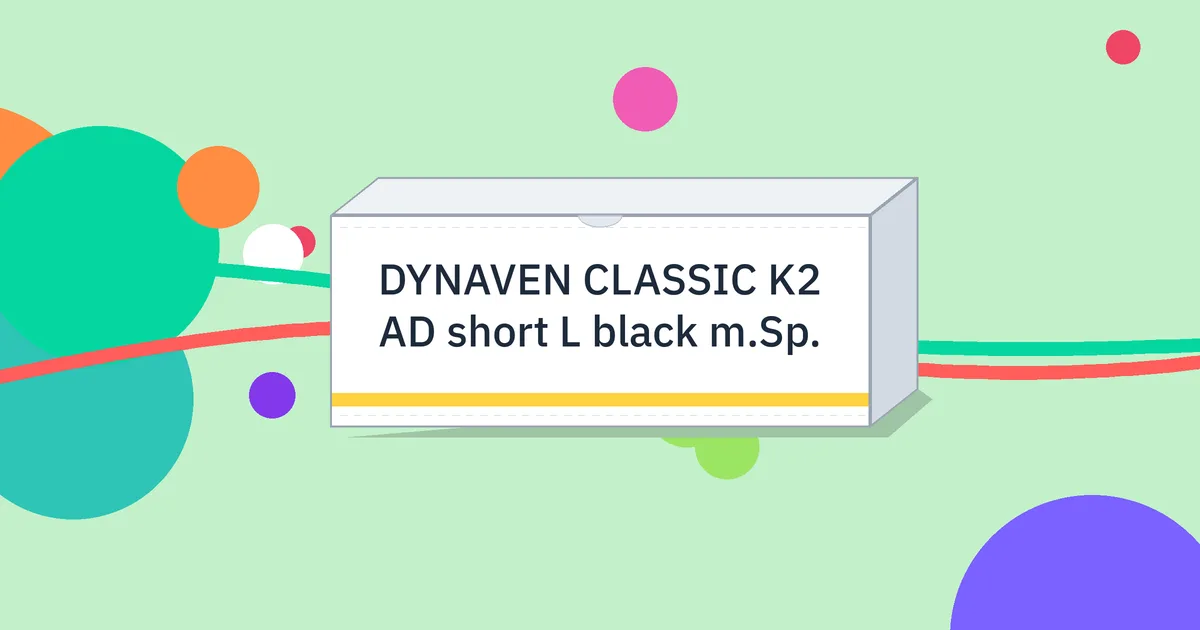 Symbolbild: Packung mit der Aufschrift DYNAVEN CLASSIC K2 AD short L black m.Sp. (PZN 18417686) – Verfügbarkeit und Bezug in Apotheken in Frankfurt am Main
