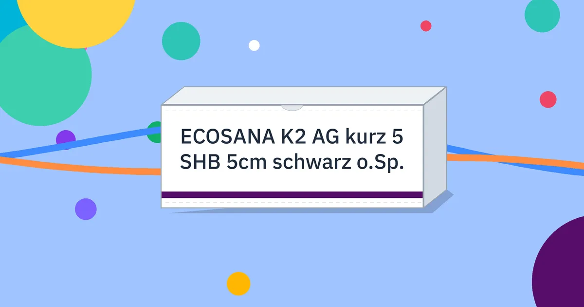 Symbolbild: Packung mit der Aufschrift ECOSANA K2 AG kurz 5 SHB 5cm schwarz o.Sp. (PZN 01460577) – Verfügbarkeit und Bezug in Apotheken in Frankfurt am Main