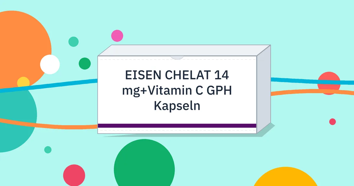 Symbolbild: Packung mit der Aufschrift EISEN CHELAT 14 mg+Vitamin C GPH Kapseln (PZN 10082571) – Verfügbarkeit und Bezug in Apotheken in Frankfurt am Main