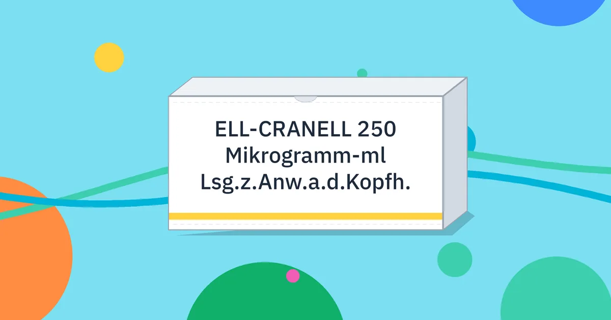 Symbolbild: Packung mit der Aufschrift ELL-CRANELL 250 Mikrogramm-ml Lsg.z.Anw.a.d.Kopfh. (PZN 09944694) – Verfügbarkeit und Bezug in Apotheken in Frankfurt am Main