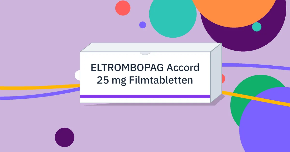 Symbolbild: Packung mit der Aufschrift ELTROMBOPAG Accord 25 mg Filmtabletten (PZN 19662608) – Verfügbarkeit und Bezug in Apotheken in Frankfurt am Main